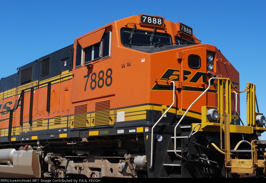 BNSF 7888 close up shot of the cab and the LED Road Number Lights as she waits to roll east as a ...